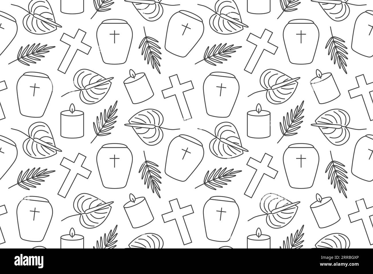 seamless pattern with funeral line icons: cross, urn, candle, anthurium ...