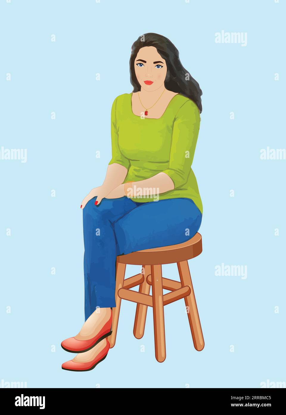 beautiful Indian girl wearing jeans and a t-shirt sitting on a stool ...