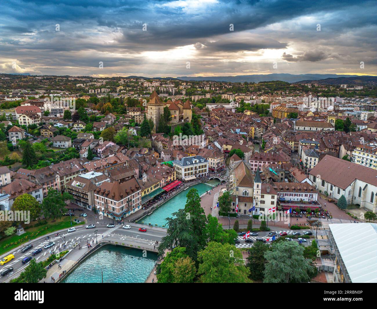 Annecy city center panoramic aerial view over the old town, castle ...