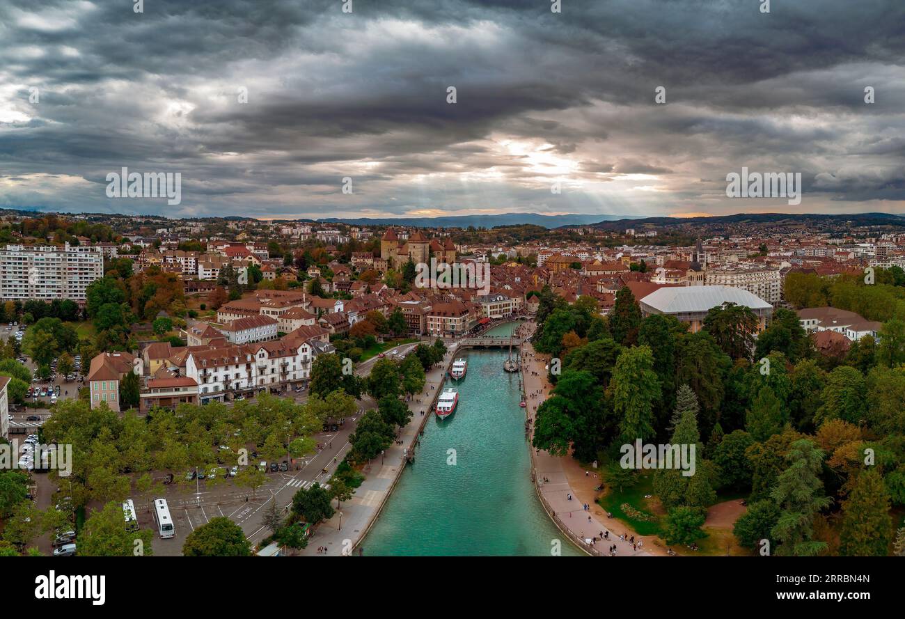 Annecy city center panoramic aerial view over the old town, castle ...