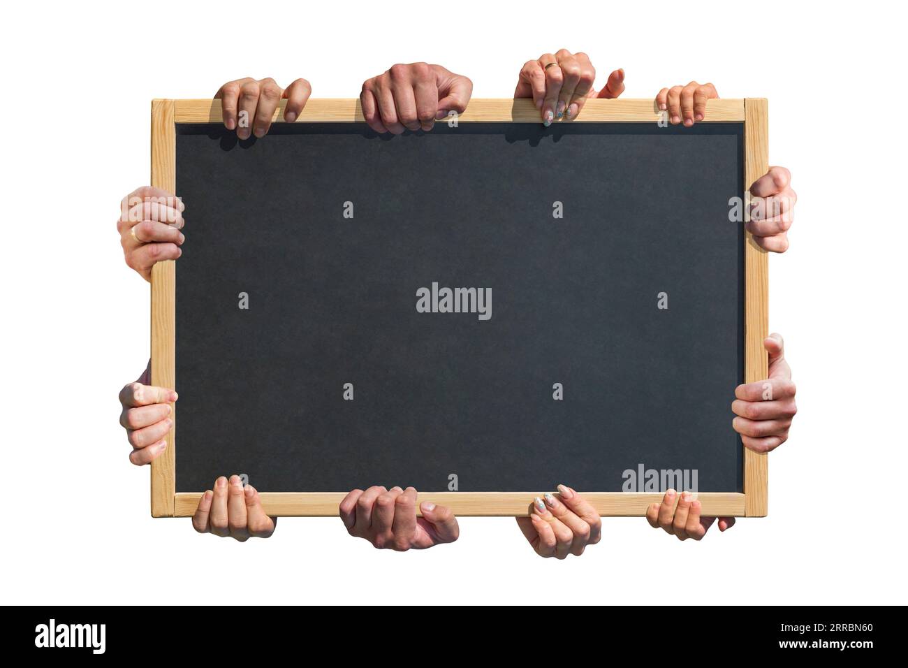 Many hands hold a blank poster for advertising on an isolated white ...