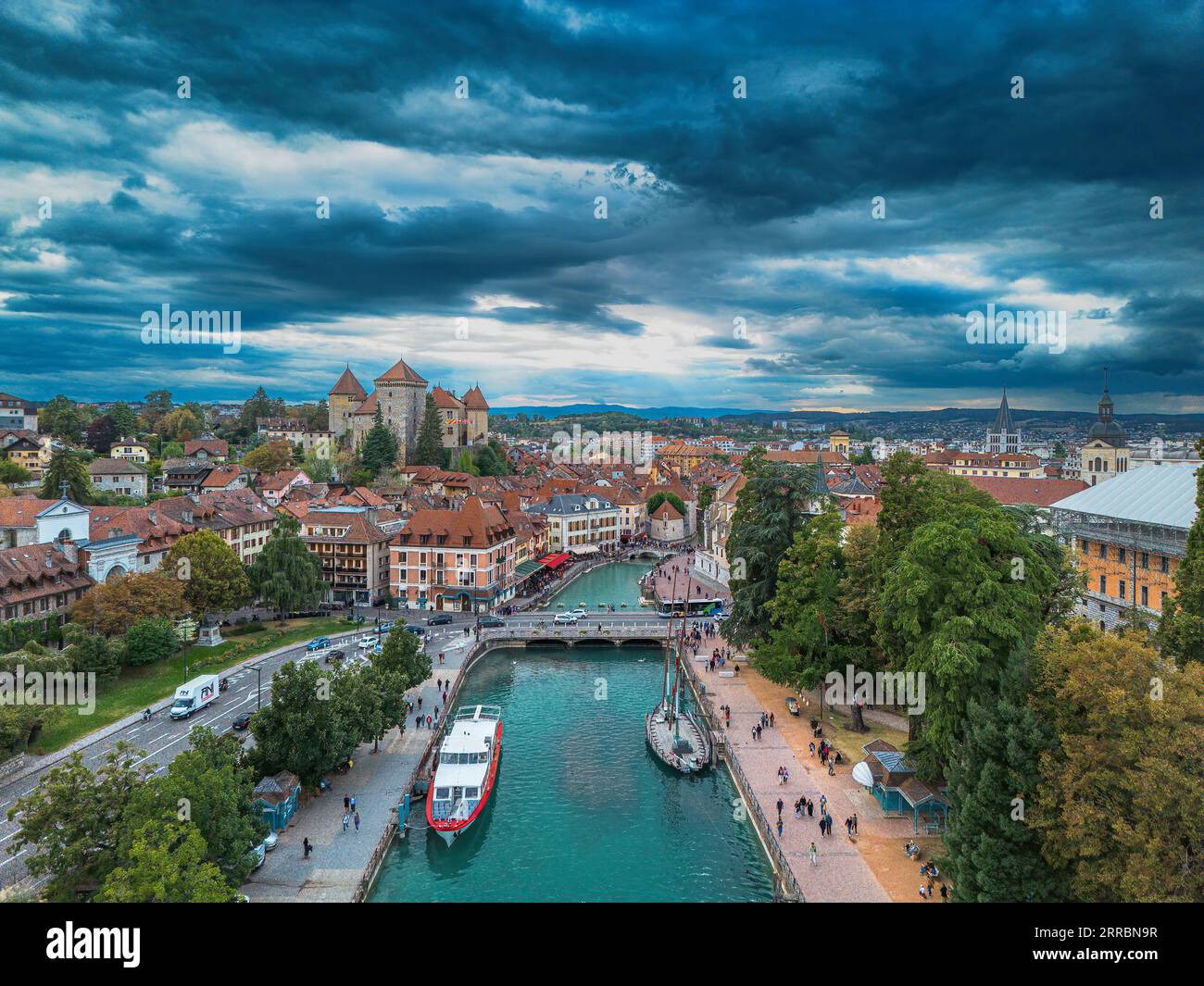 Annecy city center panoramic aerial view over the old town, castle ...