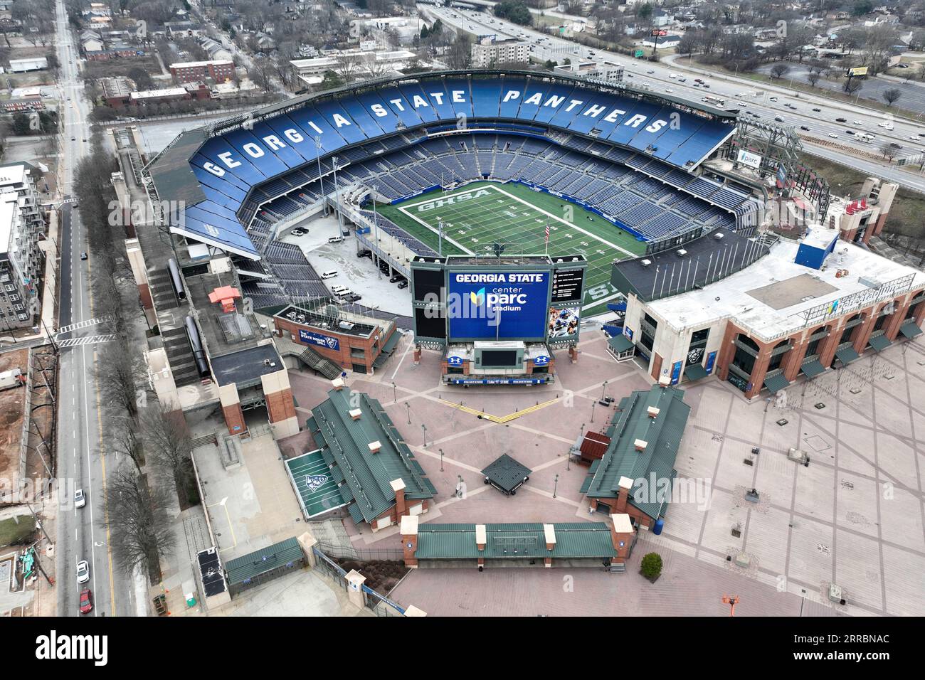 A general overall aerial view of Center Parc Stadium, Sunday, Jan. 29, 2023, in Atlanta. The ...