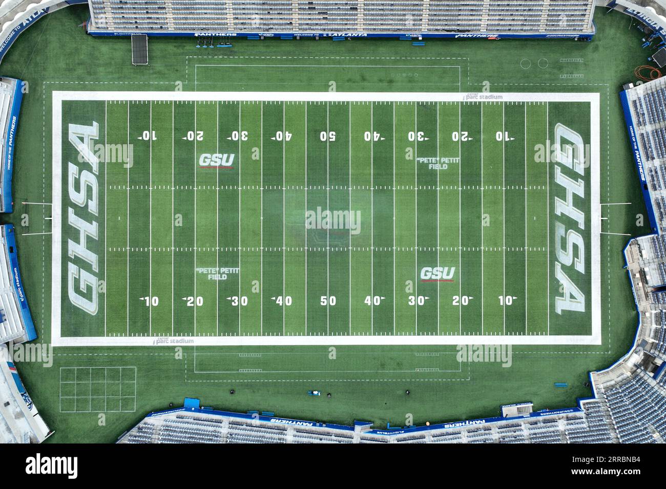 A general overall aerial view of FieldTurf Football field at Center ...