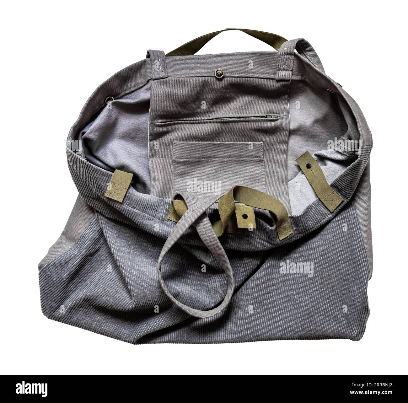 open empty handcrafted gray corduroy tote bag with inner pocket ...