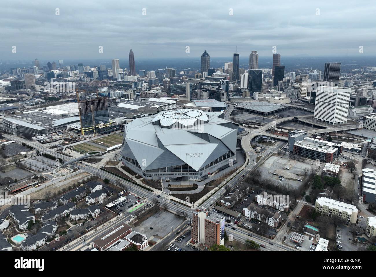 A general overall aerial view of Mercedes-Benz Stadium and downtown ...