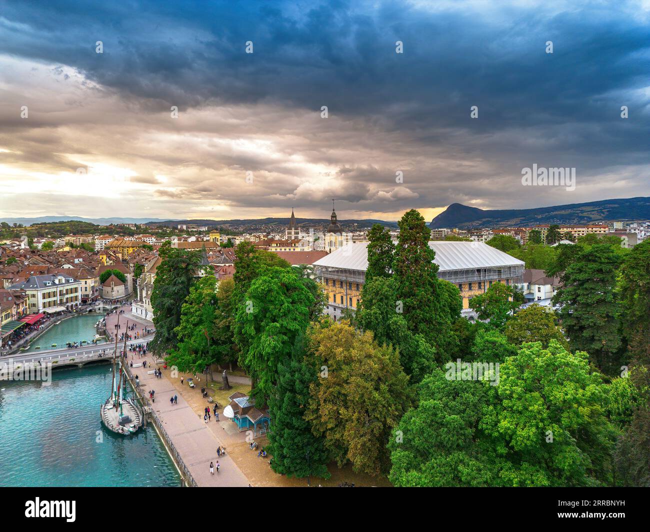 Annecy city center panoramic aerial view over the old town, castle ...