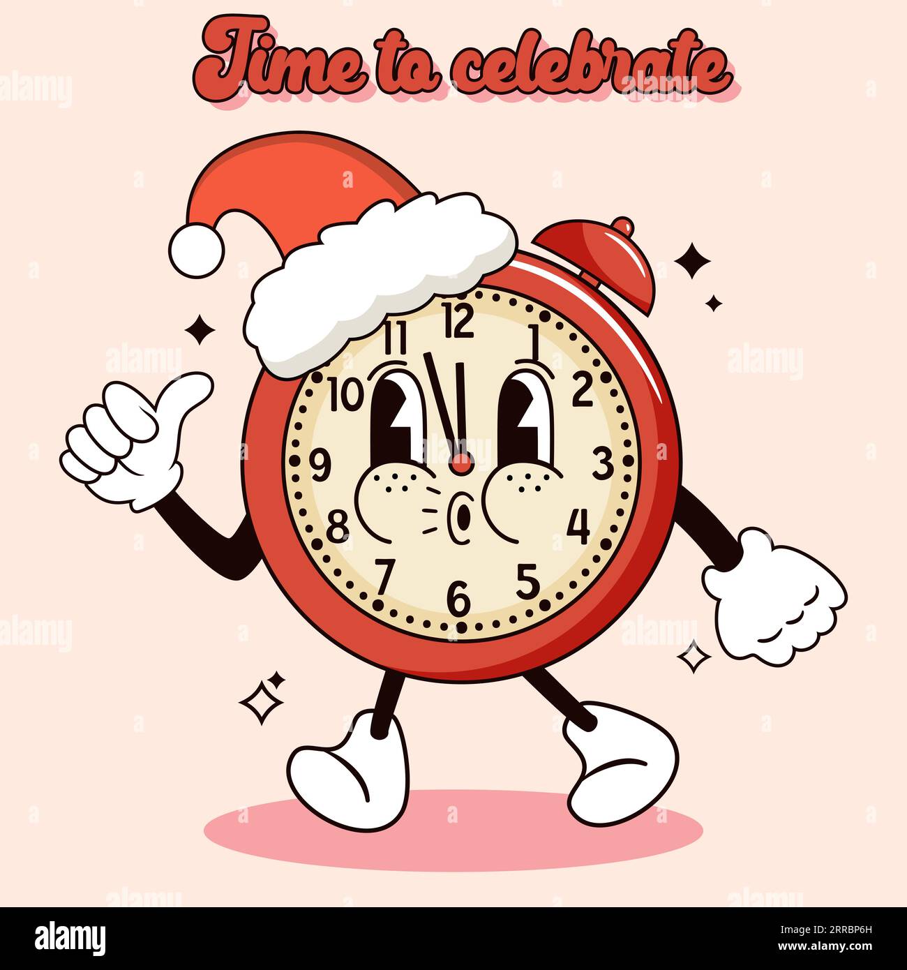 Groovy retro clock character in Santa Claus hat. Vector illustration ...