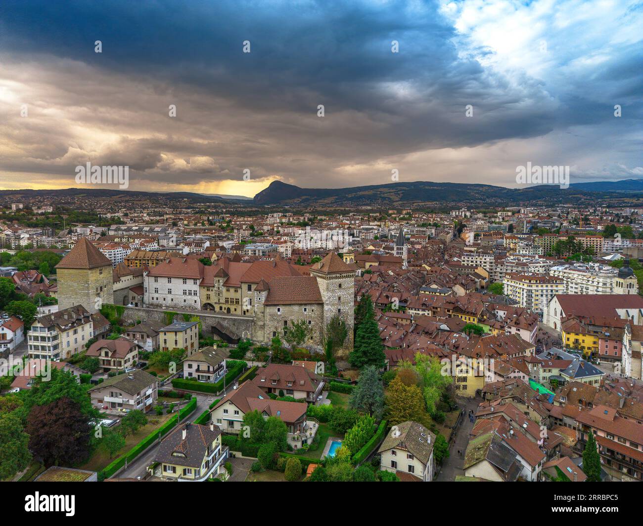 Annecy city center panoramic aerial view over the old town, castle ...