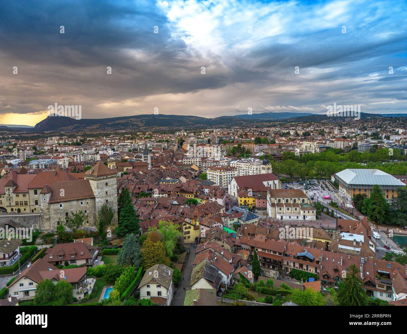 Annecy city center panoramic aerial view over the old town, castle ...