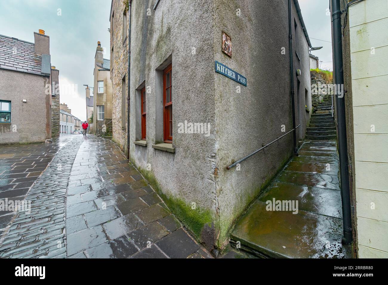 View of Victoria Street and Khyber Pass lane in the rain in Stromness ...