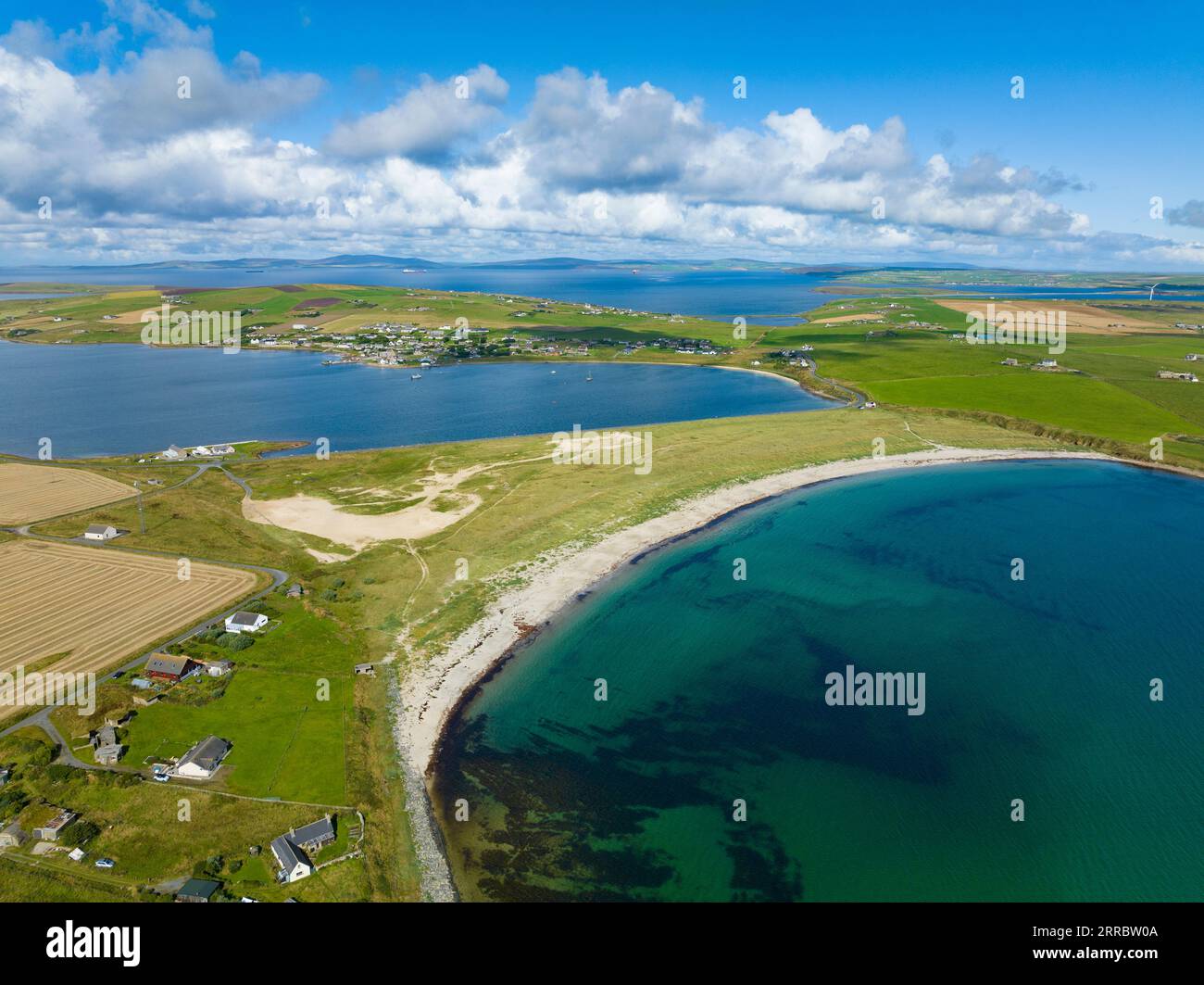 Aerial view of Churchill Barrier No. 4 and Ayre of Cara on Scapa Flow ...