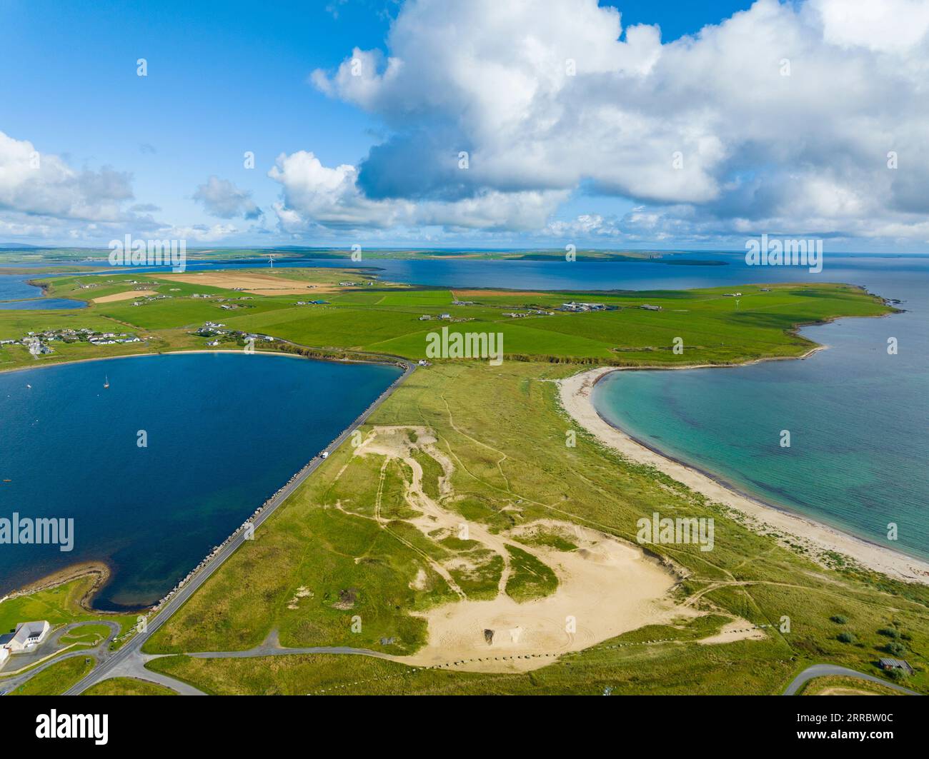 Aerial view of Churchill Barrier No. 4 and Ayre of Cara on Scapa Flow ...