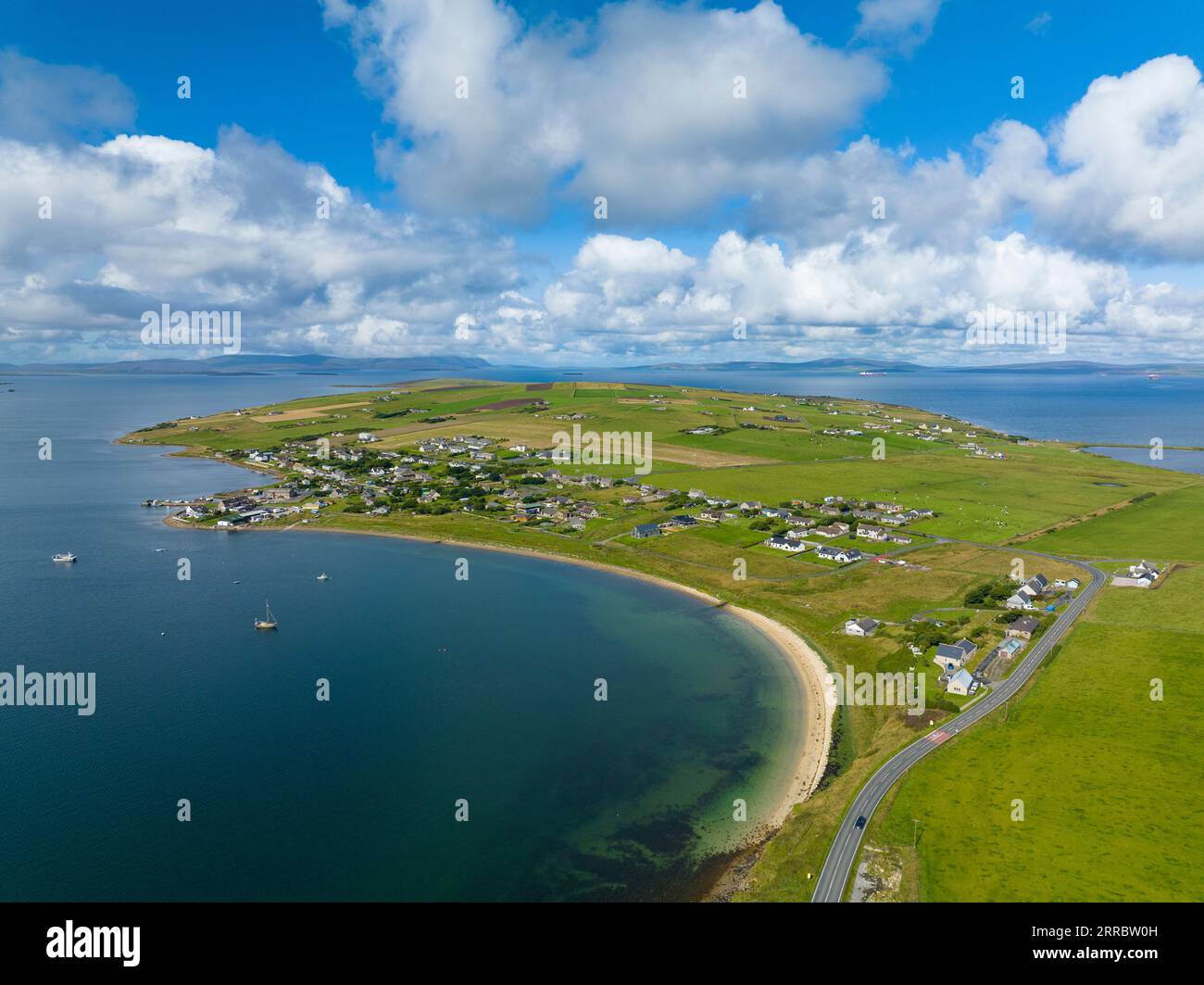 Aerial view of Burray village on Scapa Flow coast on Burray Island ...