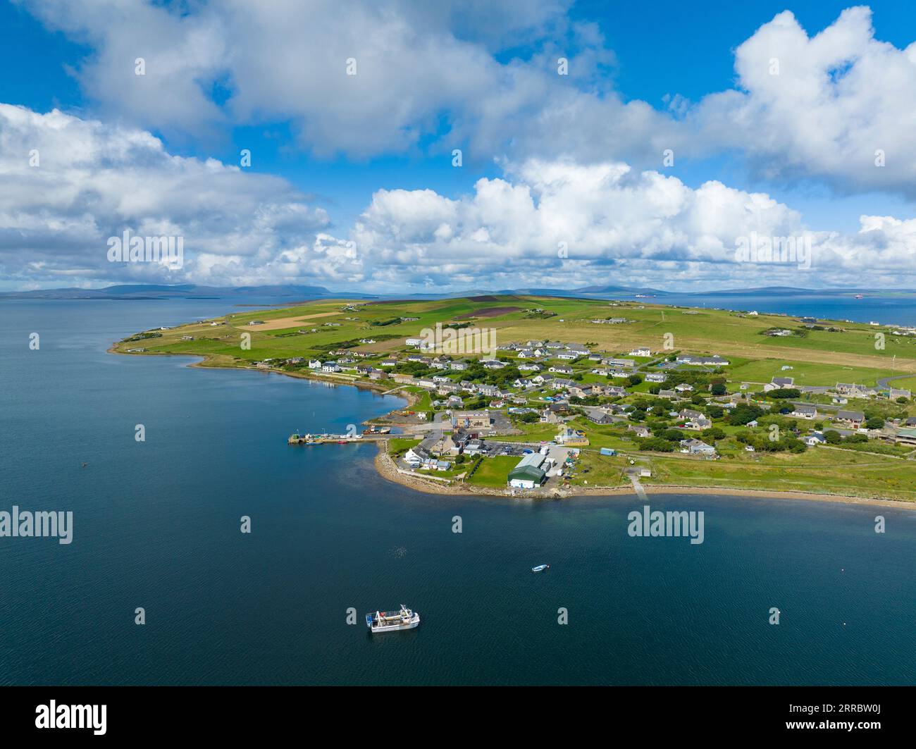 Aerial view of Burray village on Scapa Flow coast on Burray Island ...