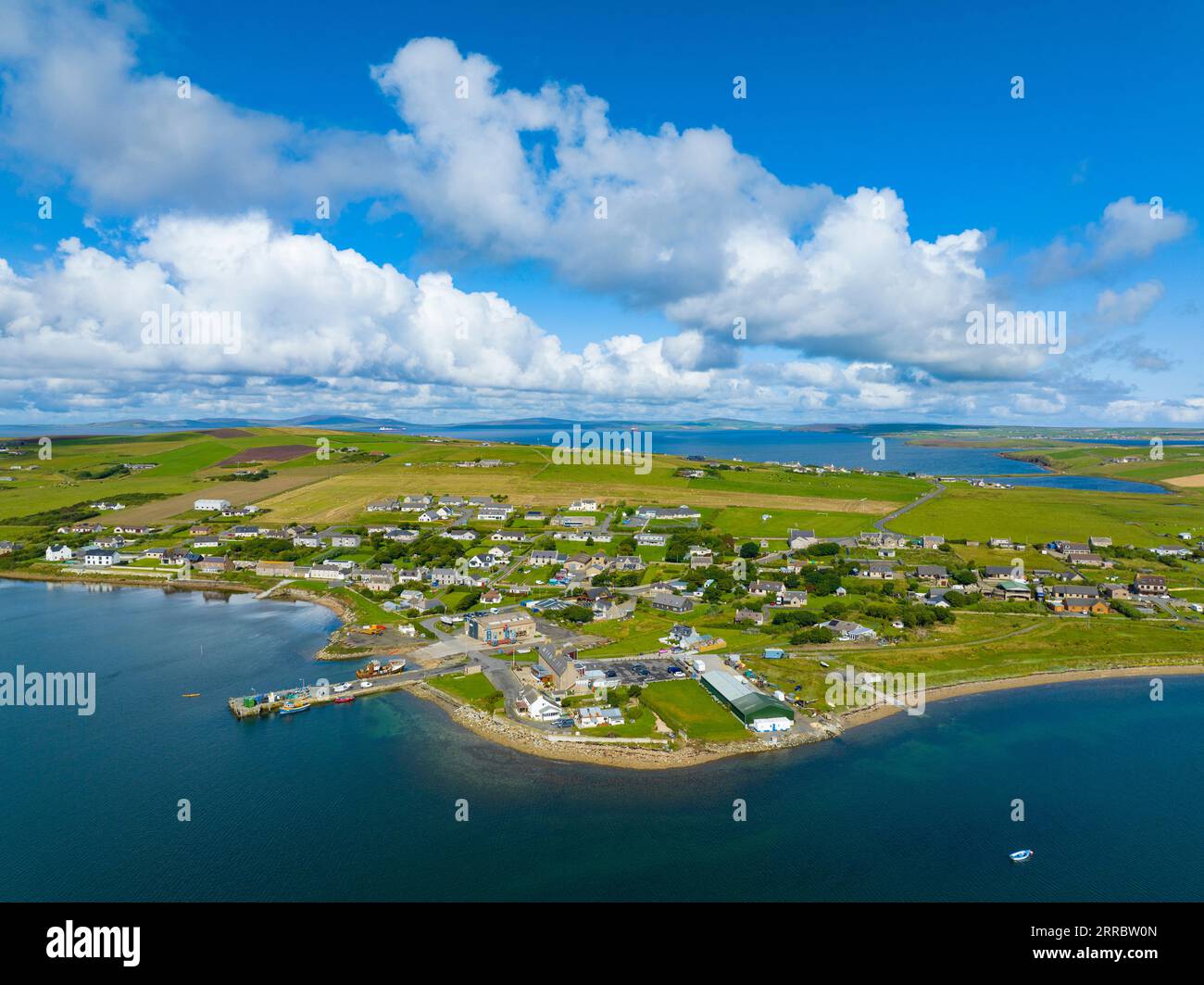 Aerial view of Burray village on Scapa Flow coast on Burray Island ...