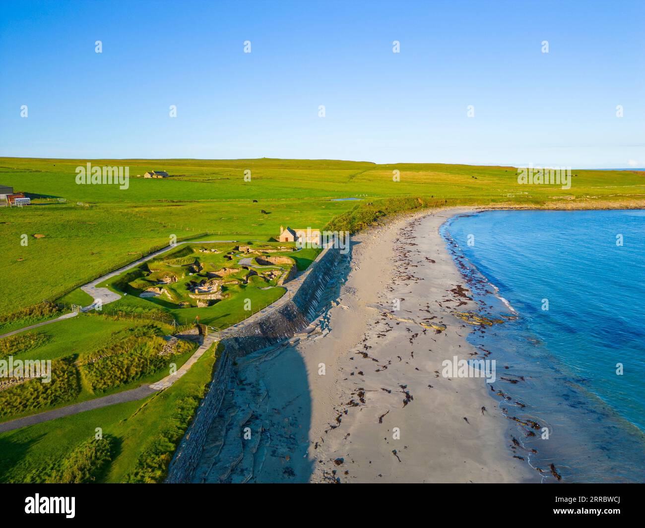 Aerial view of Skara Brae stone-built Neolithic settlement, located on ...
