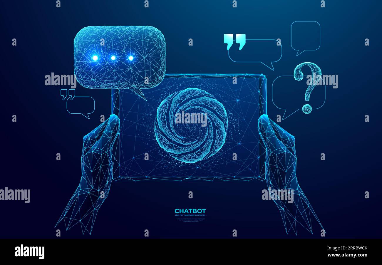 Abstract close-up hands holding tablet with chatbot logo on screen ...