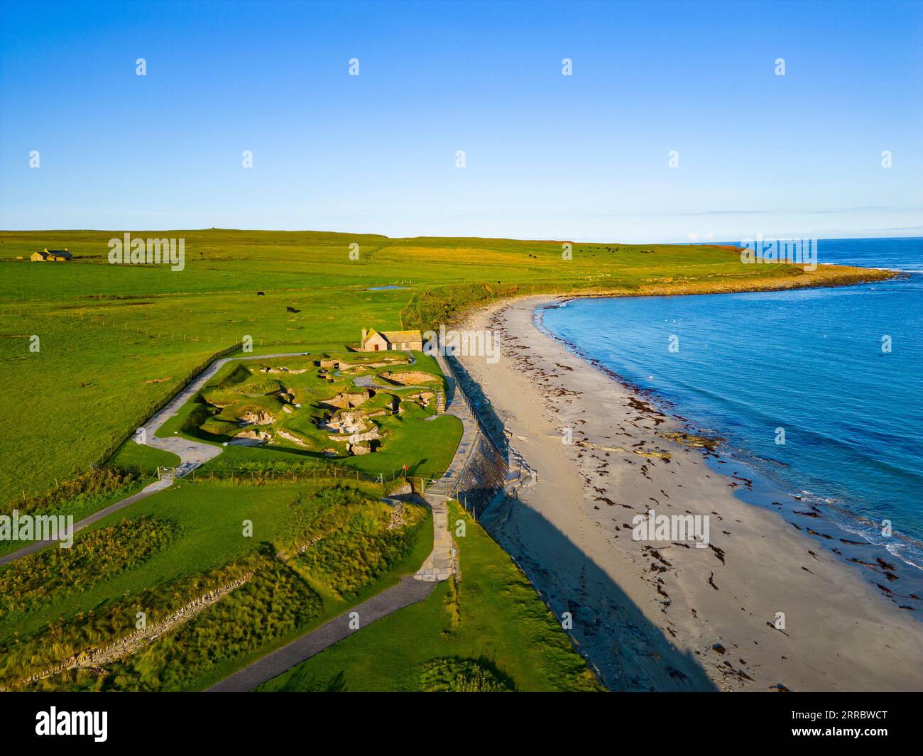 Aerial view of Skara Brae stone-built Neolithic settlement, located on ...
