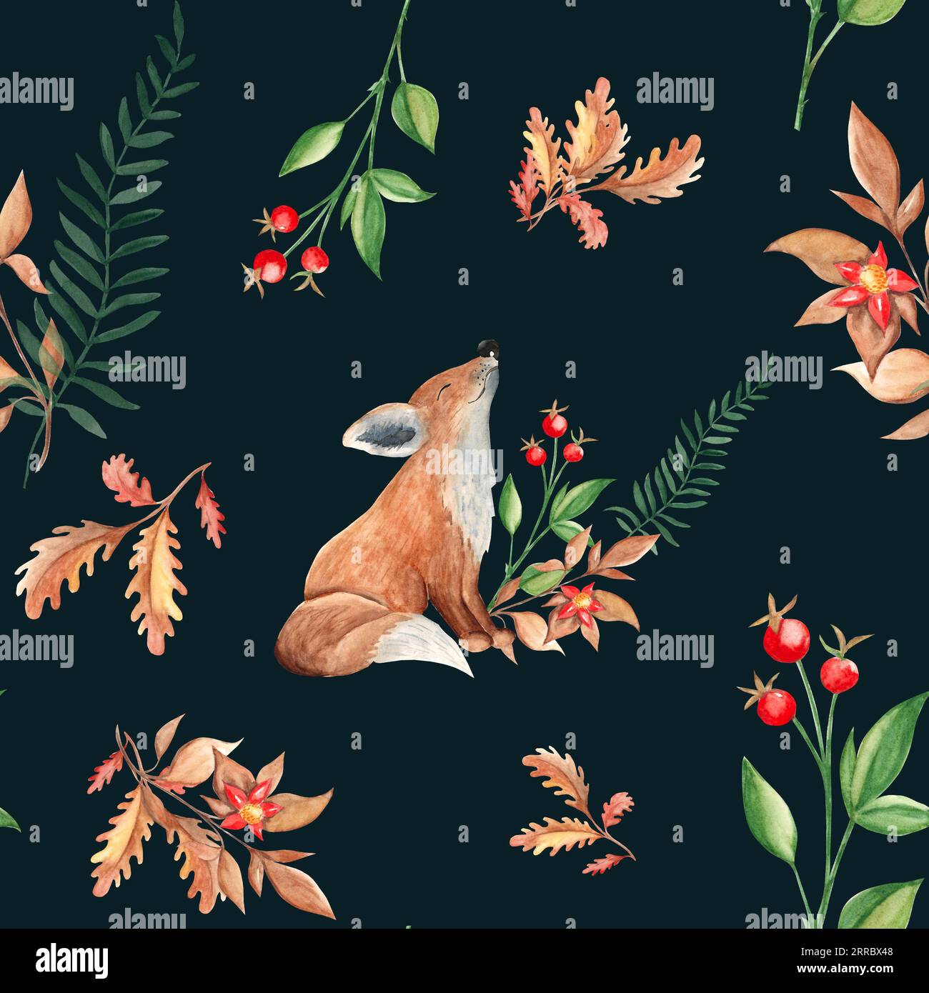 Seamless watercolor pattern with cute baby fox, oak leave, red berries ...