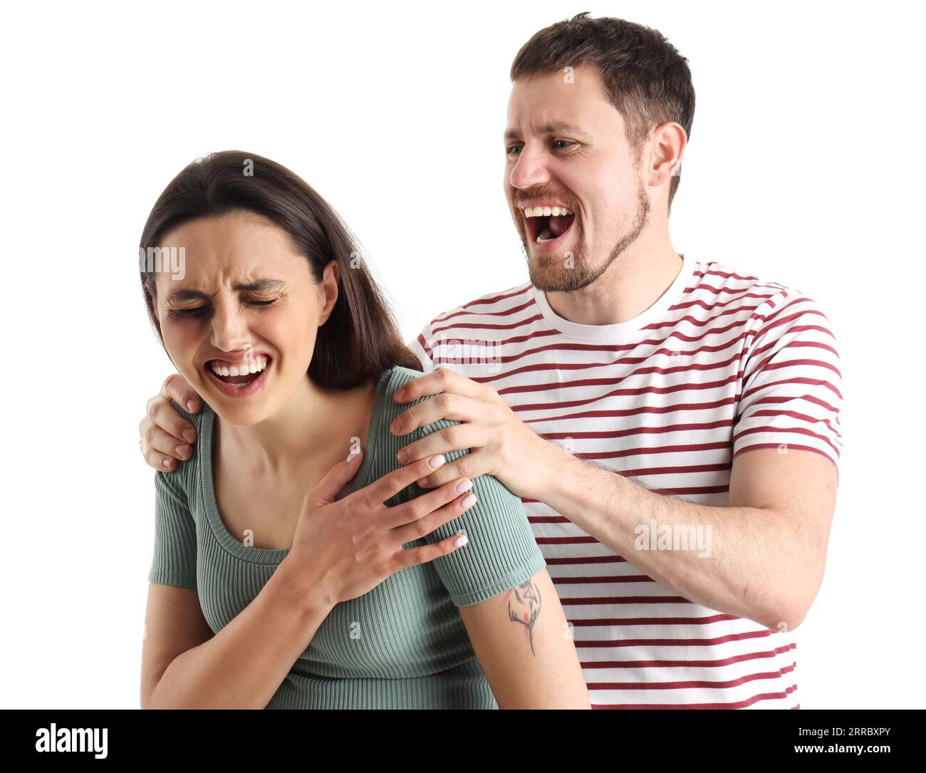 Angry young man beating his wife on white background. Domestic violence ...