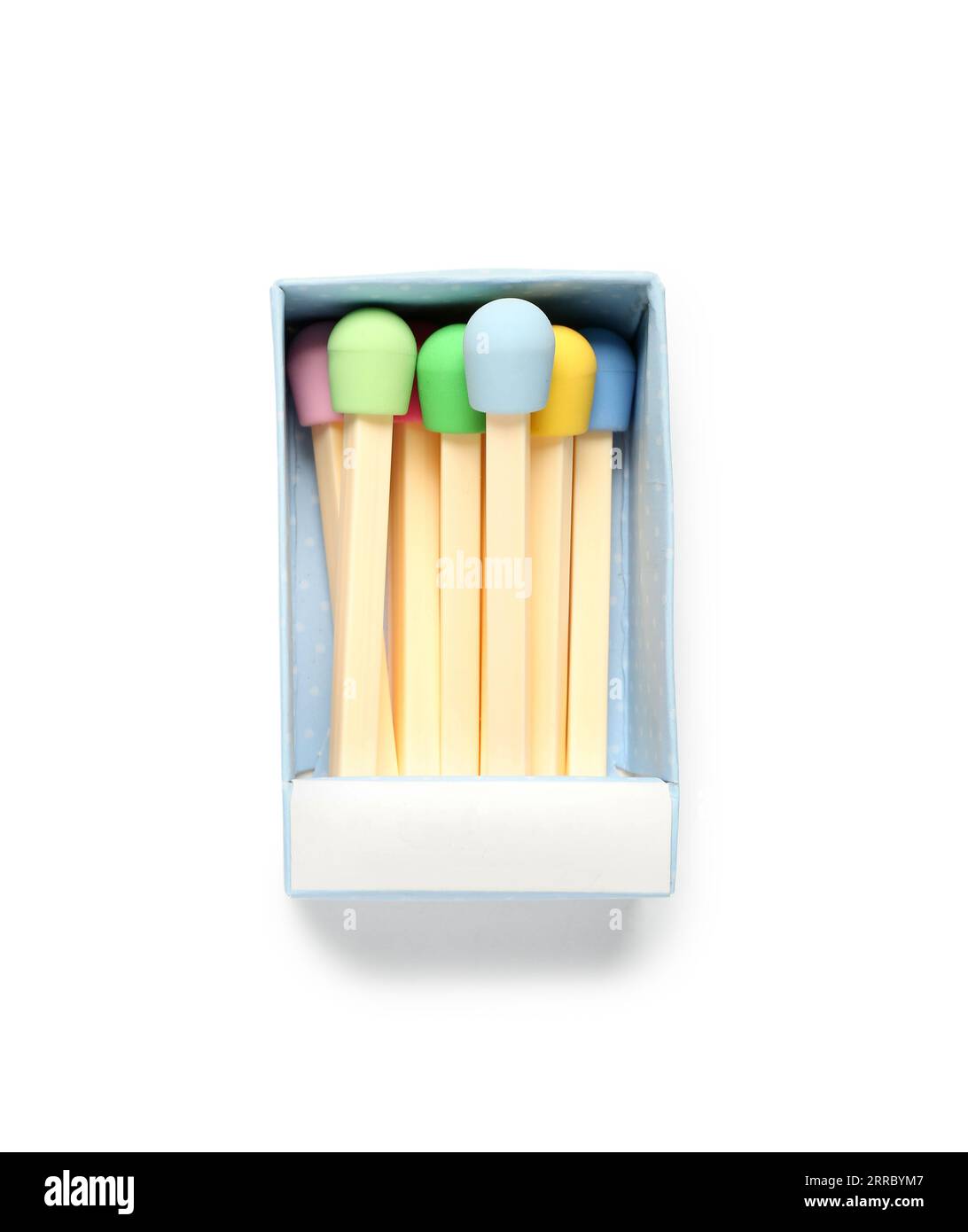 Box with erasers in shape of colorful matches isolated on white ...