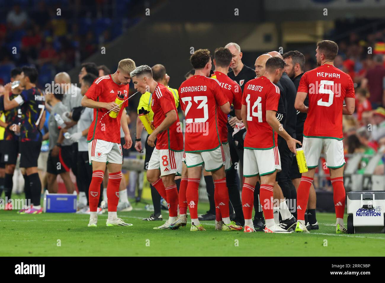 Cardiff, UK. 7th Sep, 2023. Players of Wales take a water break during ...