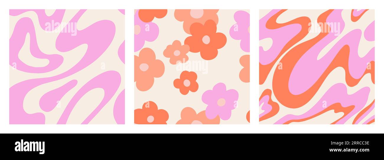 1970 Daisy seamless pattern pack with Naive groovy wave and squiggle ...