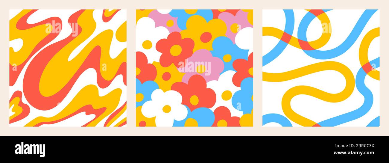 1970 Daisy seamless pattern pack with Naive groovy wave and squiggle ...
