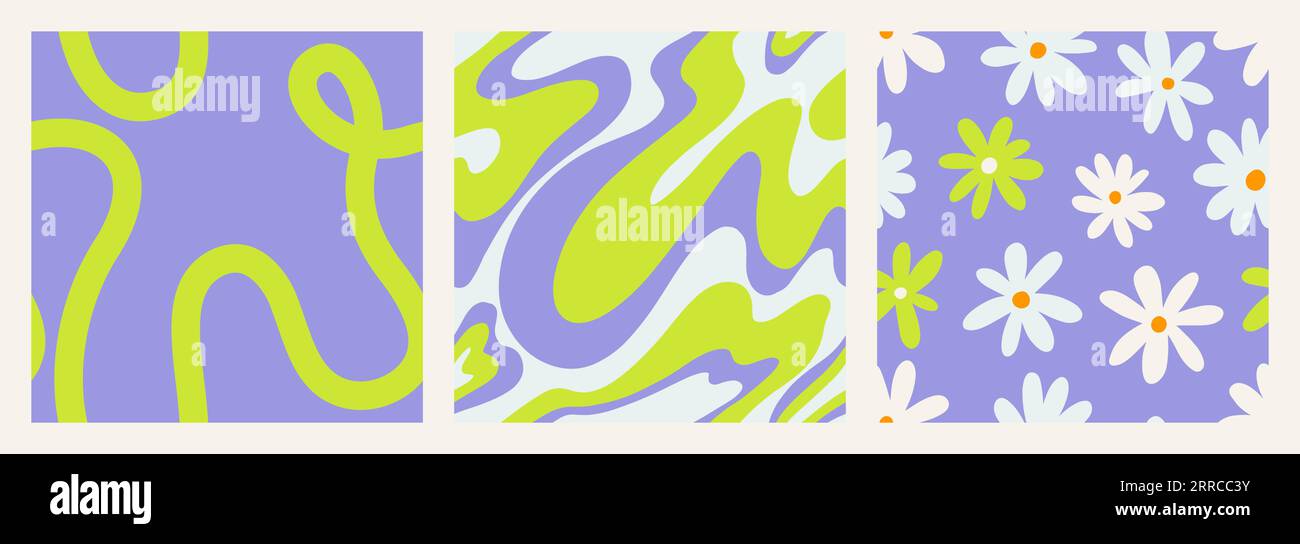 1970 Daisy seamless pattern pack with Naive groovy wave and squiggle ...