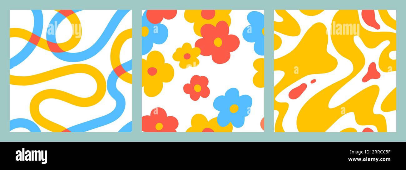 1970 Daisy seamless pattern pack with Naive groovy wave and squiggle ...