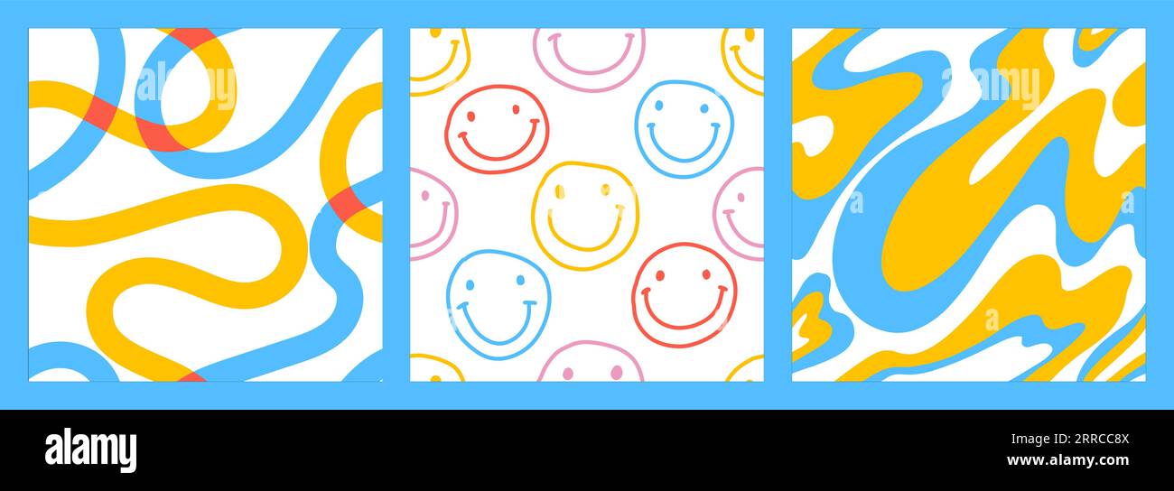 1970 Smiles seamless pattern pack with Naive groovy wave and squiggle ...