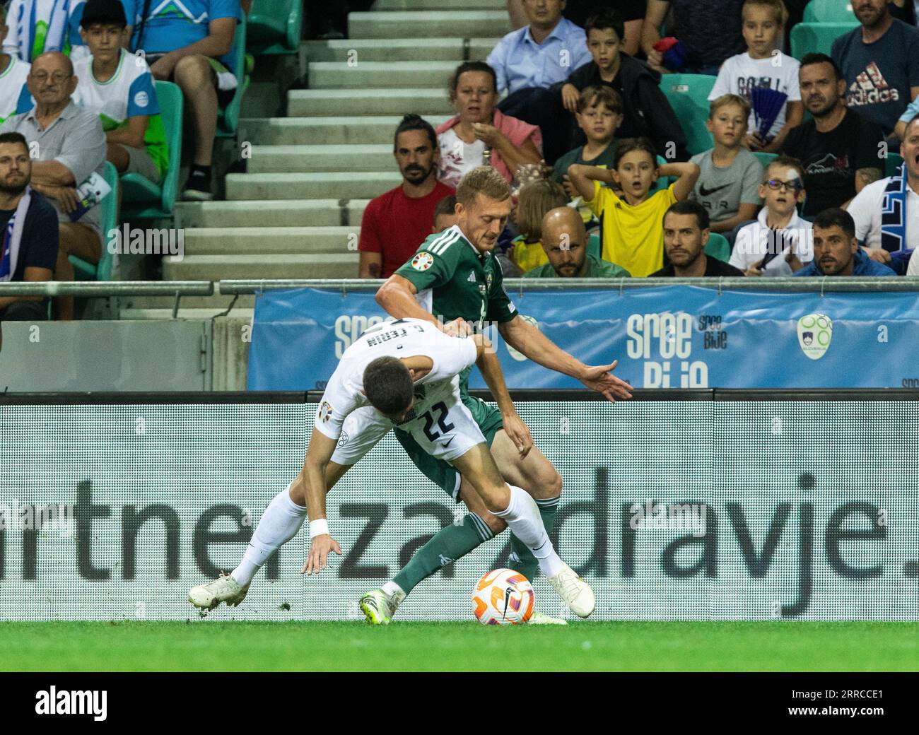 Northern Ireland's George Saville (right) and Solvenia's Adam Cerin ...