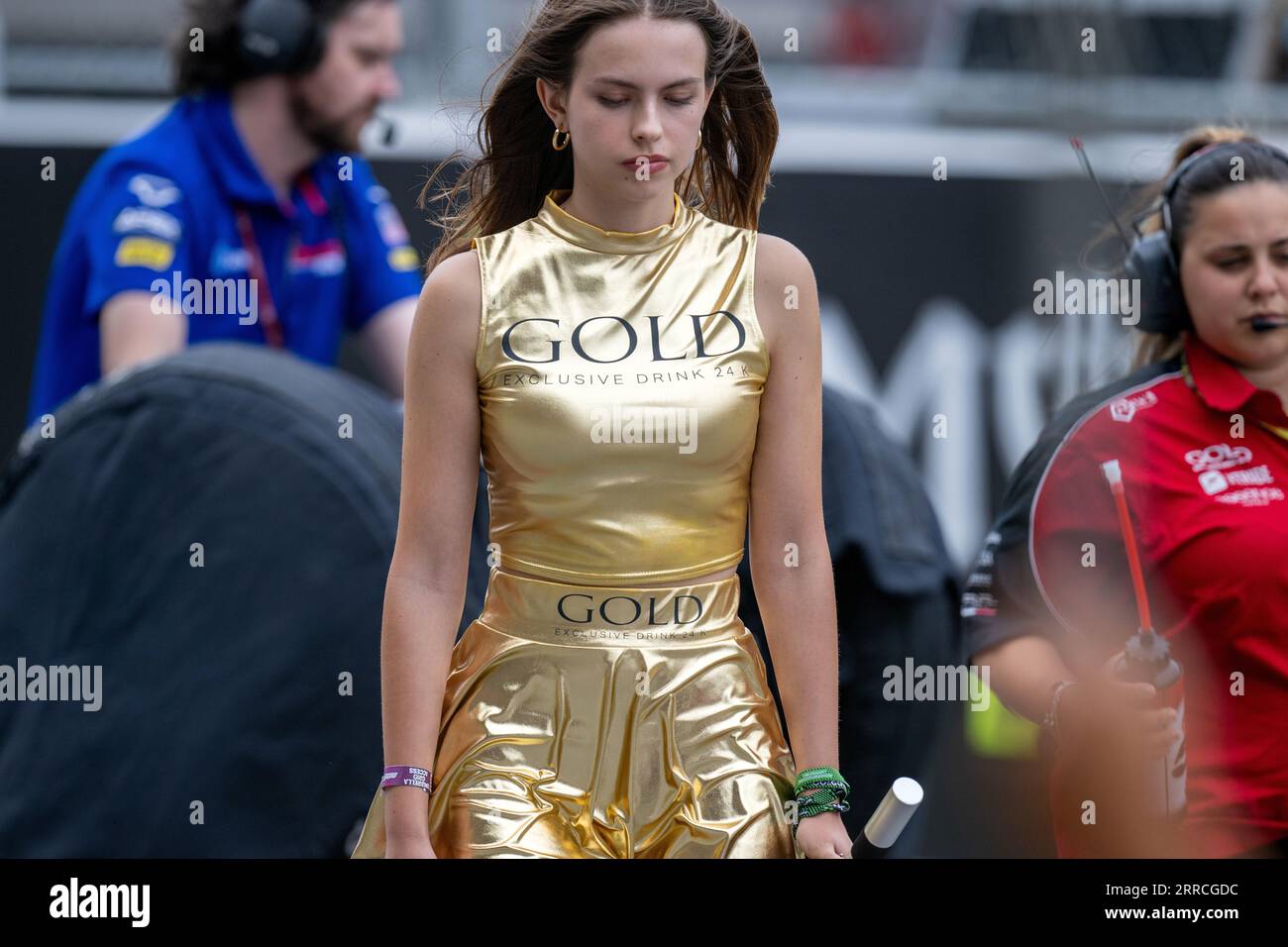 Barcelona, Spain. 3 Sep, 2023 Race day.Moto GP Paddock girl during the ...