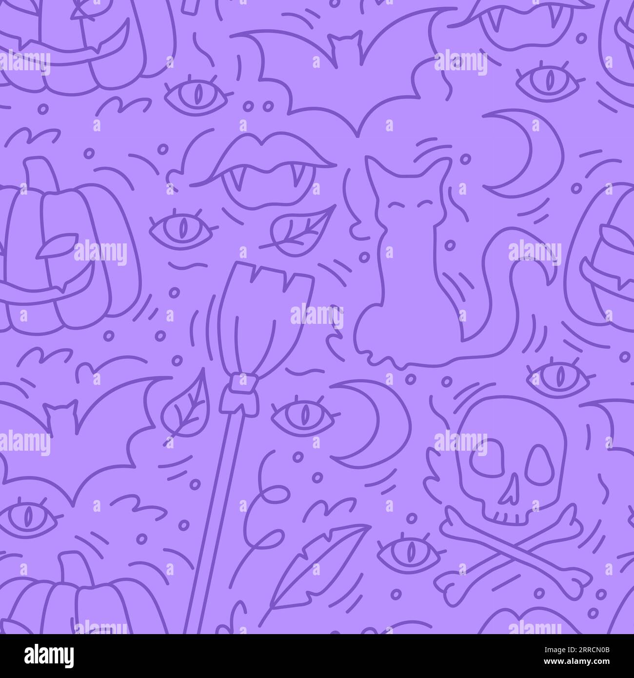 Seamless purple Halloween pattern. Pumpkin, cat, skull, moon. Vector ...