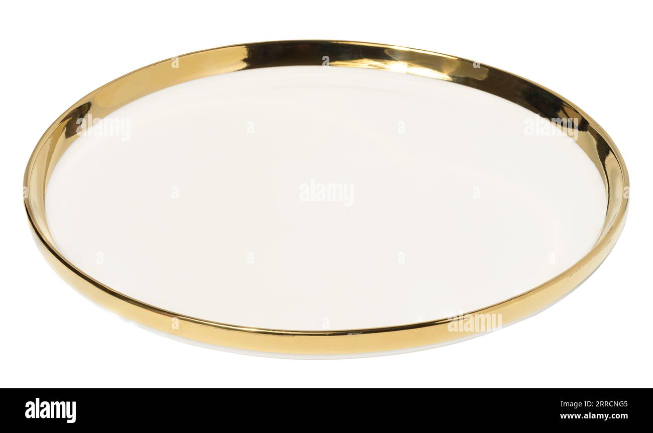 Empty round ceramic white plate with a gilded edge on a white isolated ...