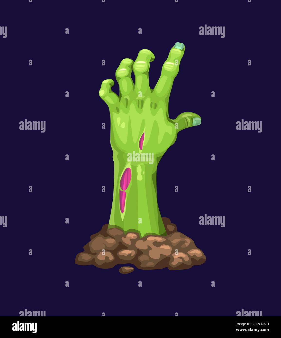 Cartoon zombie hand sticks out from the ground, its decayed and green ...