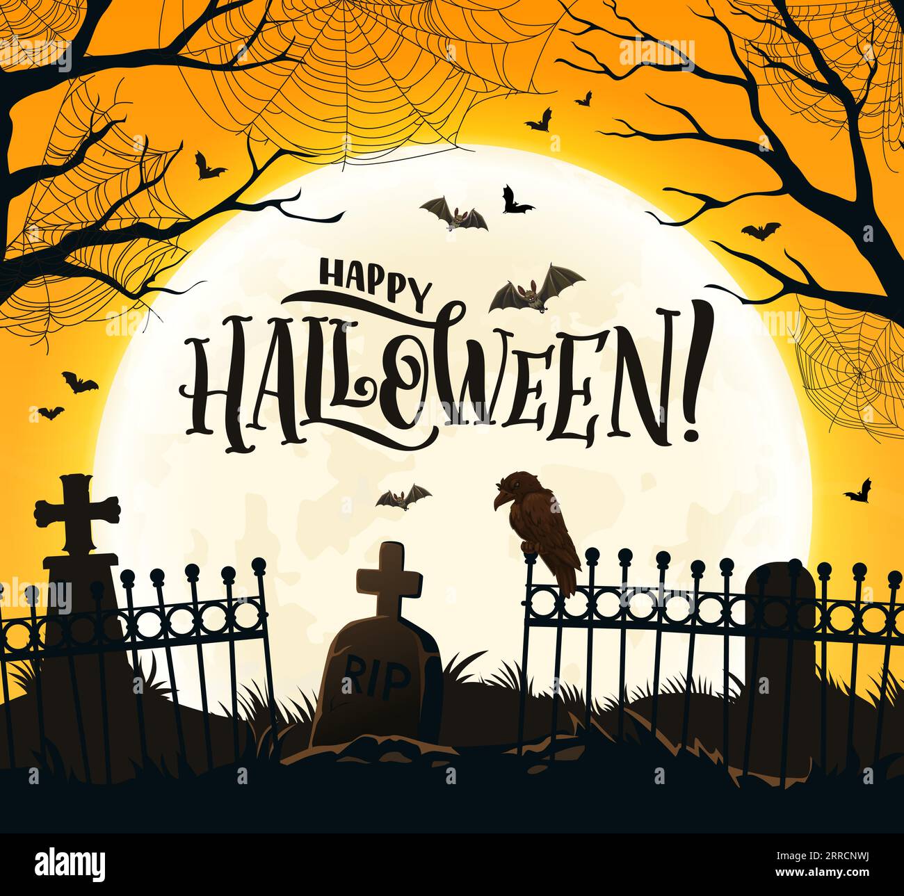 Halloween banner with cemetery silhouette, raven and cobweb, vector holiday horror night ...