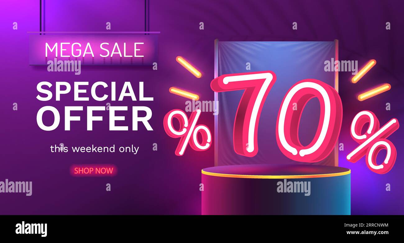 Mega sale special offer, Neon 70 off sale banner. Sign board promotion ...
