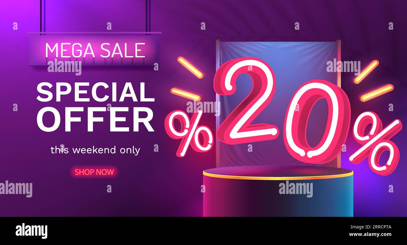 Mega sale special offer, Neon 20 off sale banner. Sign board promotion ...