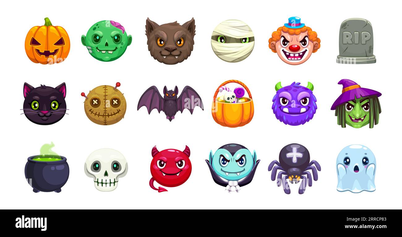 Cartoon Halloween emoji set, monster boo emoticons and spooky faces ...