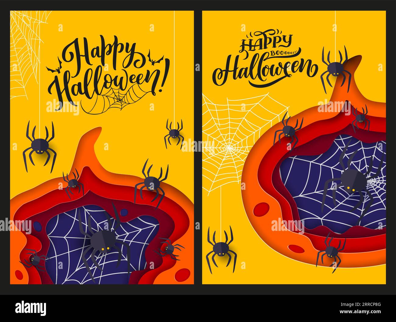 Halloween holiday paper cut posters with spiders and cobweb for horror ...