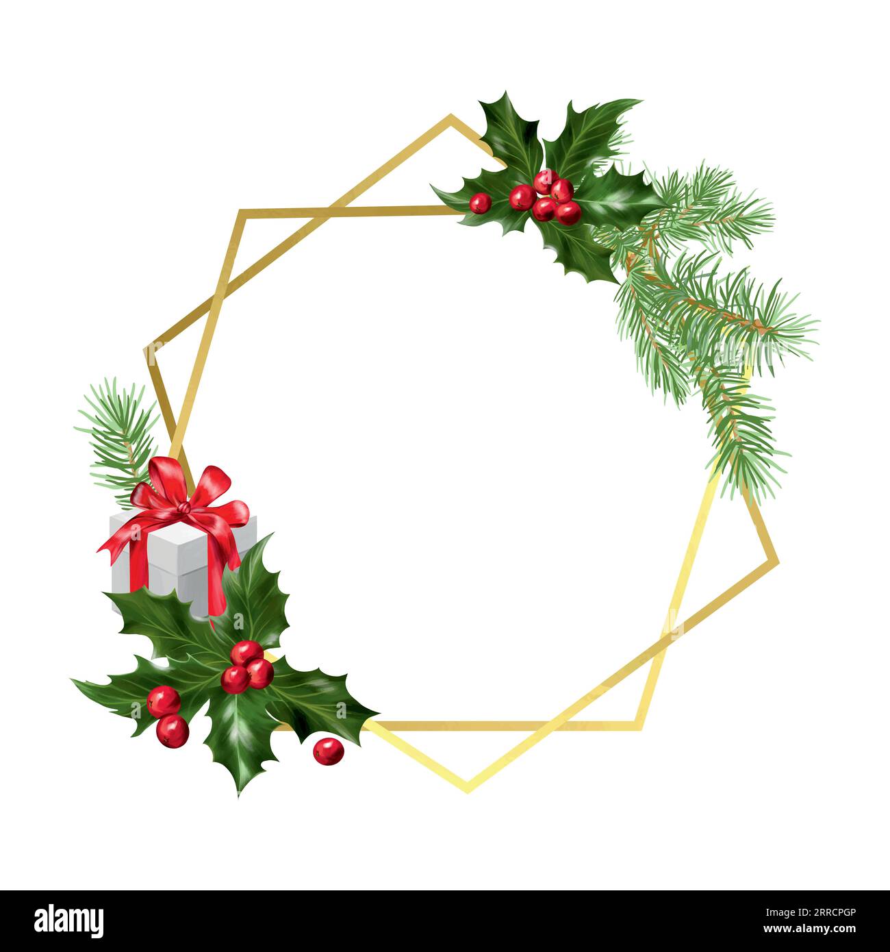 Gold geometric frame, holly, fir branch, gift. Vector illustration for ...