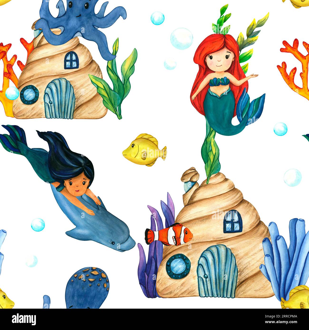 Watercolor seamless pattern shell house, cute mermaid, dolphin and blue ...