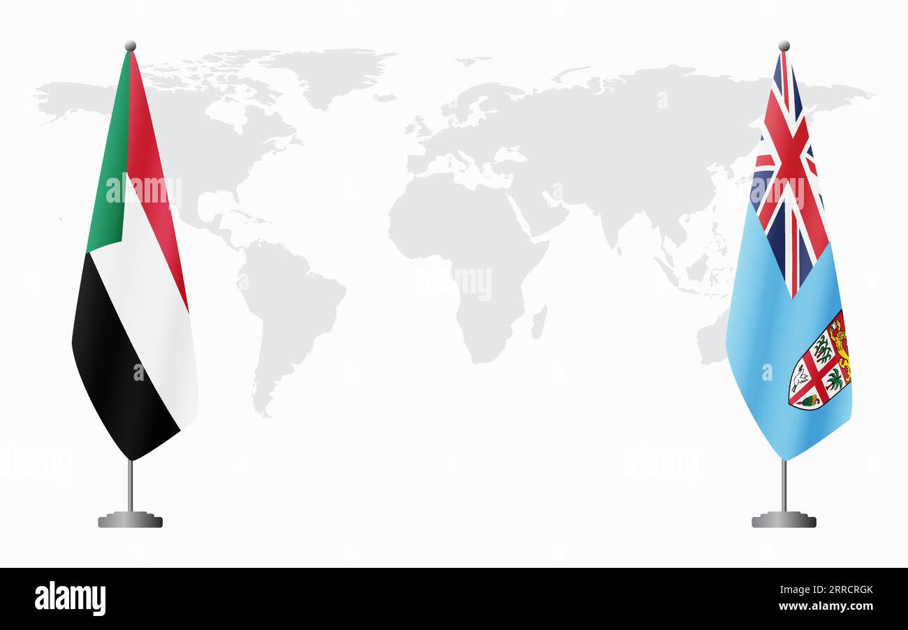 Sudan and Fiji flags for official meeting against background of world ...