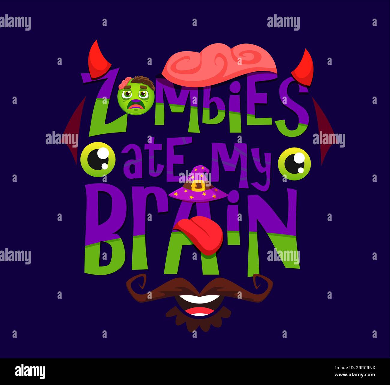 Zombie ate my brain Halloween quote, vector horror holiday typography ...