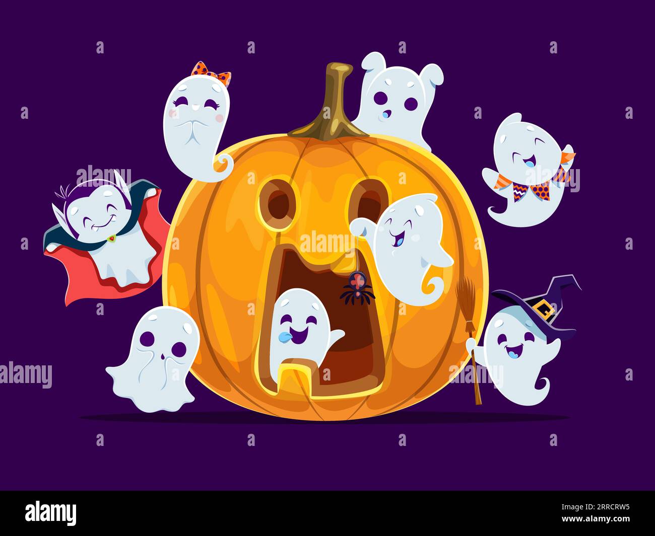 Halloween kawaii ghosts around holiday pumpkin. Vector flying ghosts ...