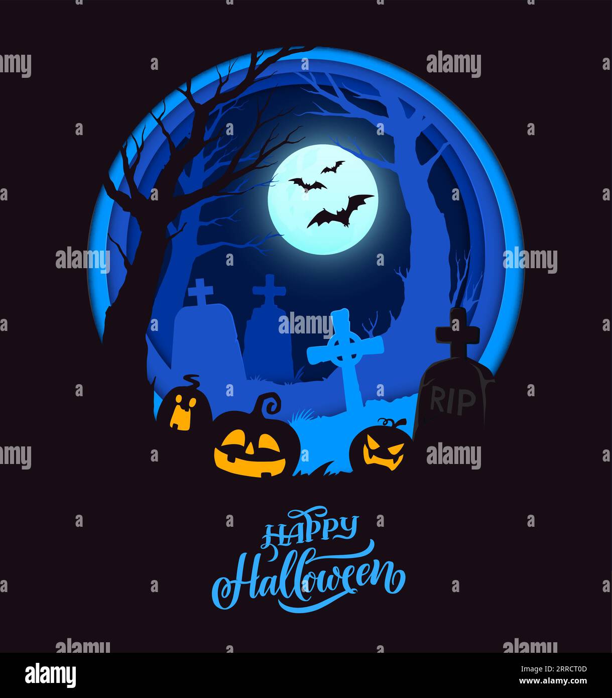 Halloween paper cut midnight cemetery silhouette with scary pumpkin ...