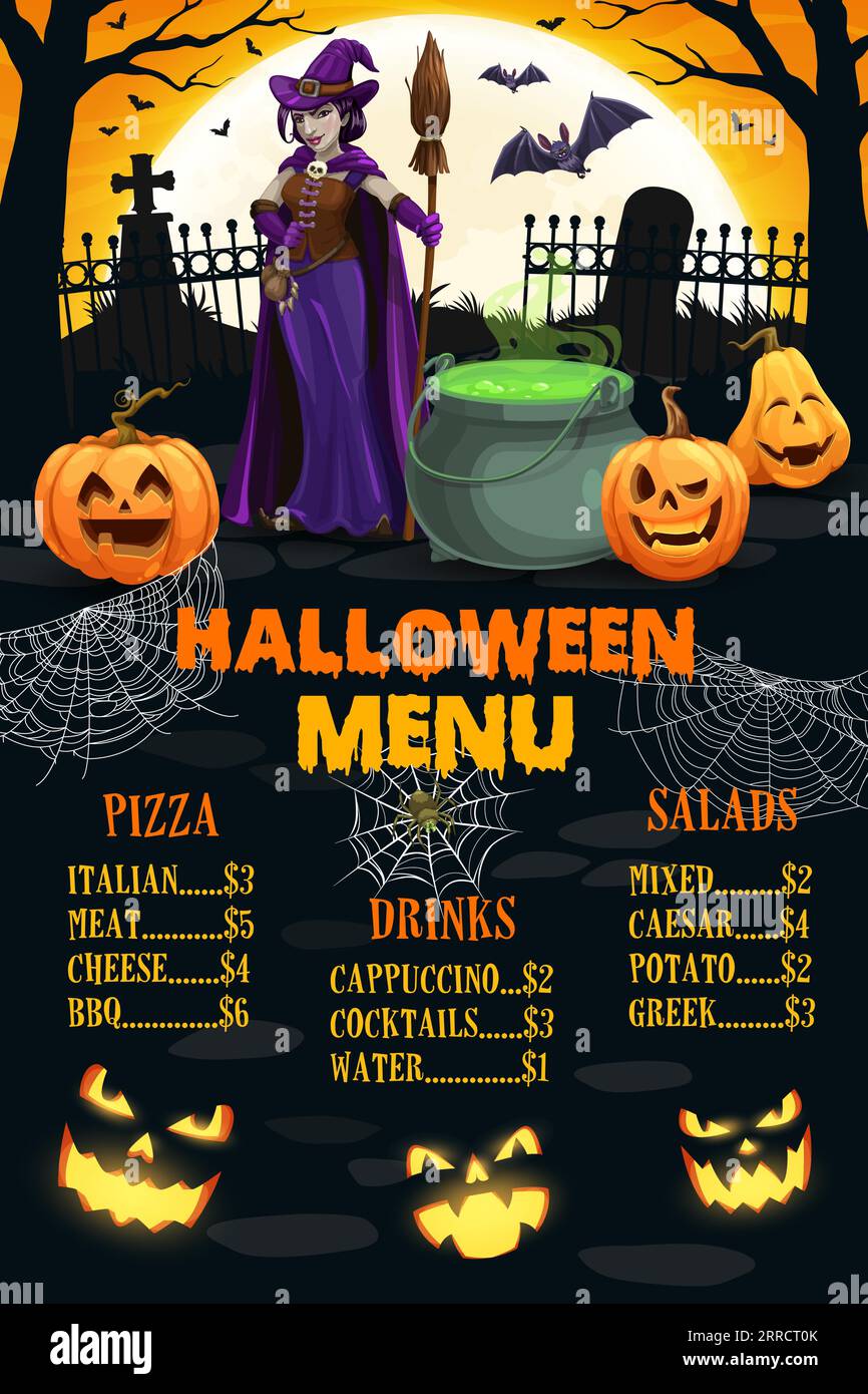 Halloween menu page with witch, cemetery, pumpkins and cobweb for ...