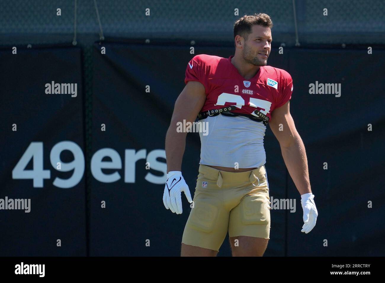 San Francisco 49ers defensive end Nick Bosa warms up during an NFL ...